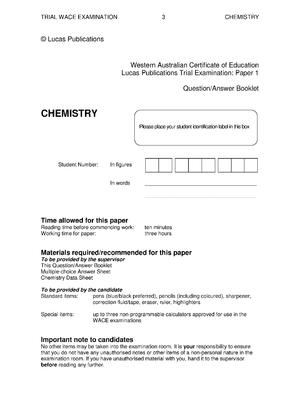 Trial WACE Examination Papers Chemistry Units 3 4